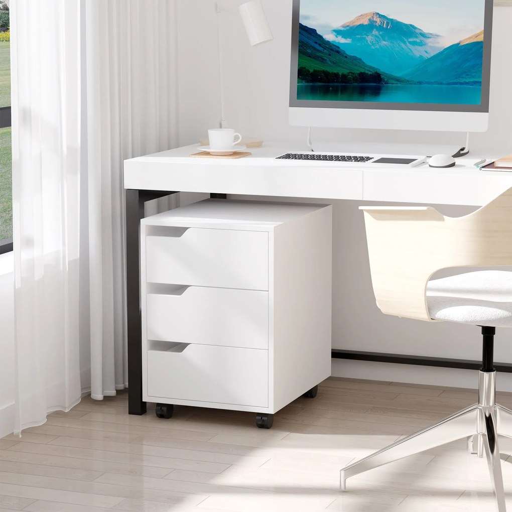 HOMCOM Kancelářská zásuvková skříň s kolečky, filing cabinet se 3 zásuvkami, 40x50x57 cm, bílá