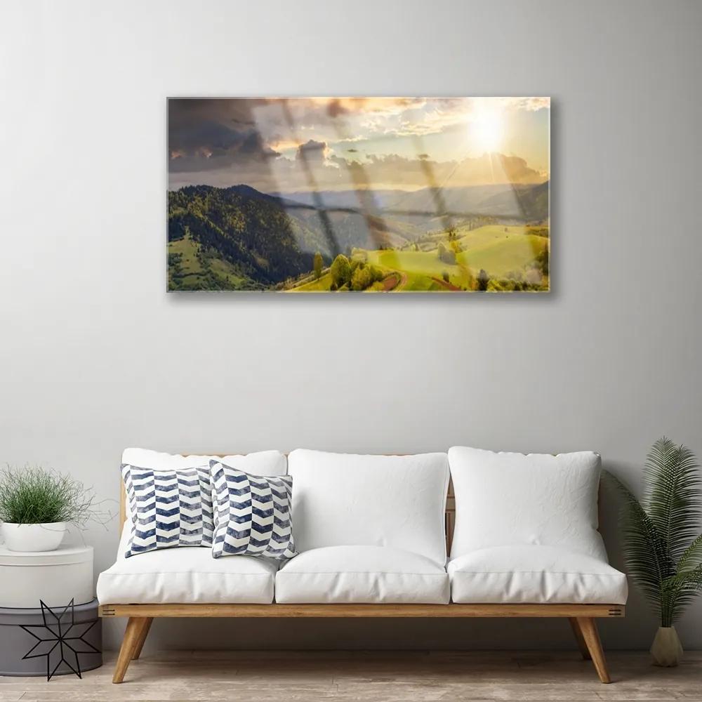 Obraz na skle Hory Louka Západ Slunce 100x50 cm