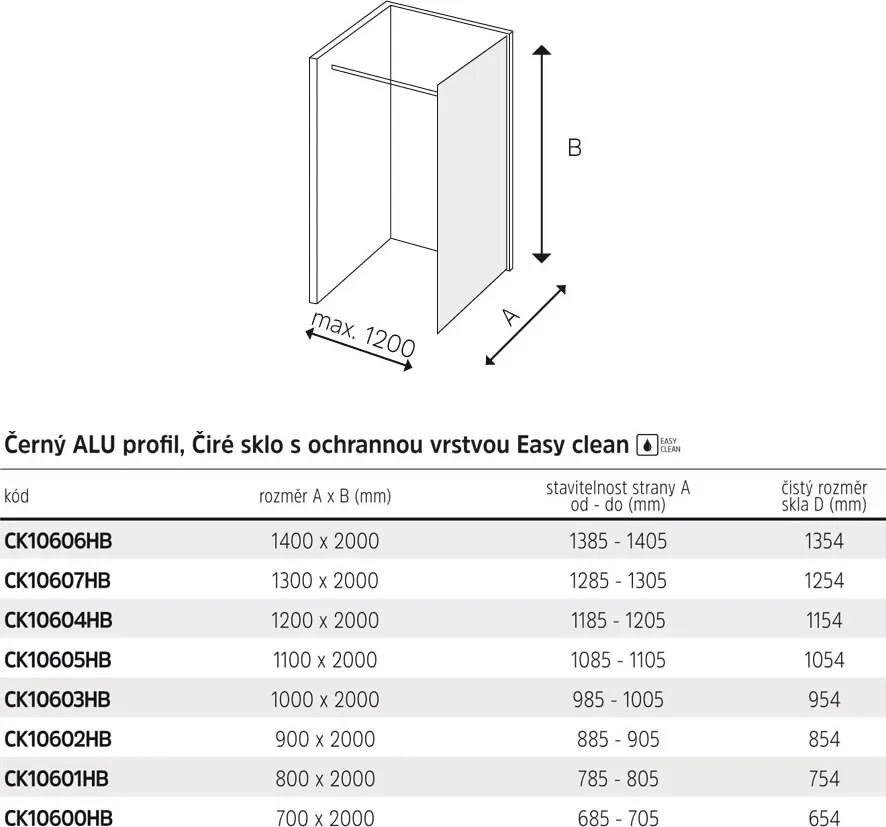 Mereo Mereo, Sprchová stěna WALK IN, Novea, black ALU, sklo Čiré, CK10601HB
