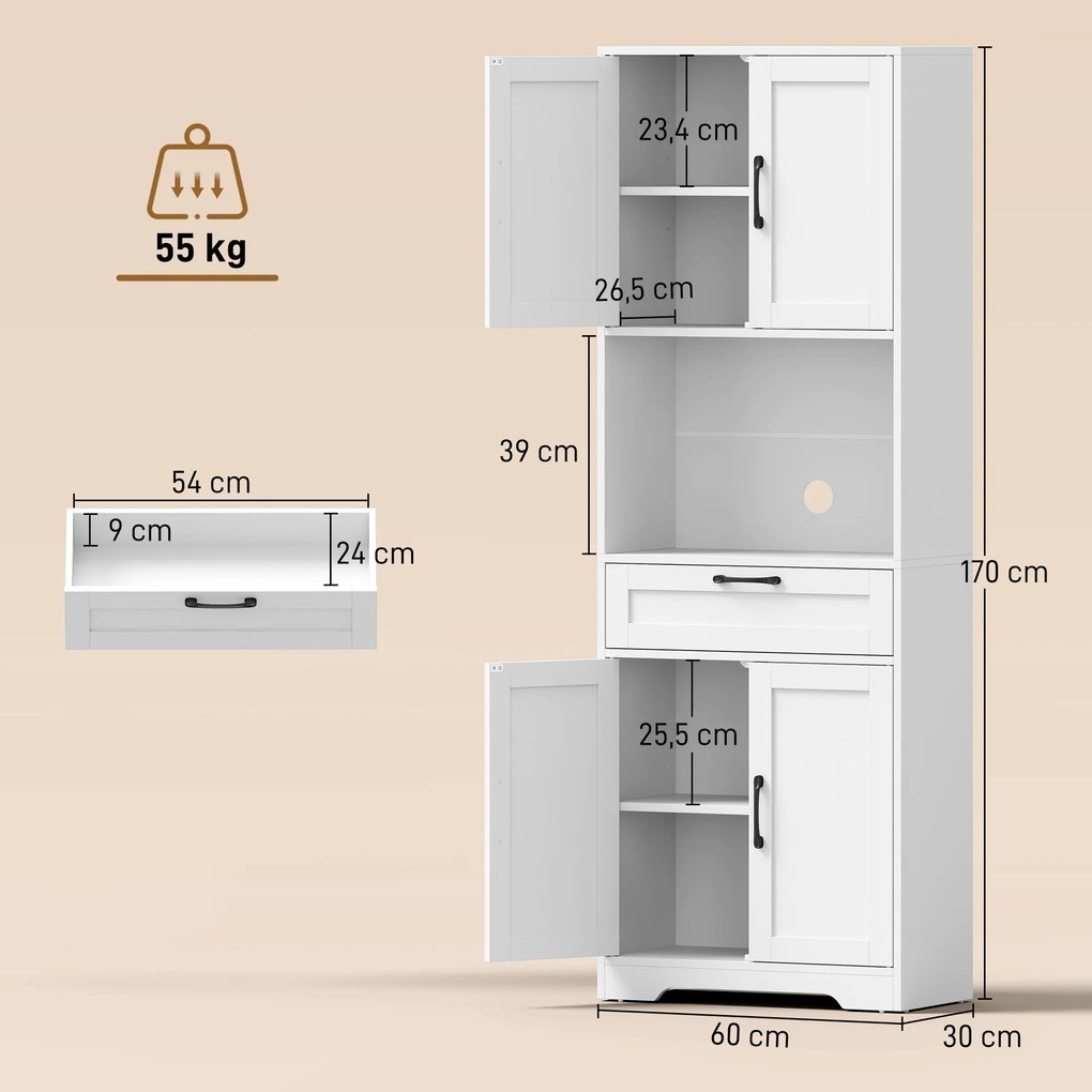 HOMCOM 170 cm kuchyňská skříňka se 4 dveřmi s funkcí soft-close, zásuvkou, nastavitelnými policemi, pracovní plochou pro mikrovlnku, bílá