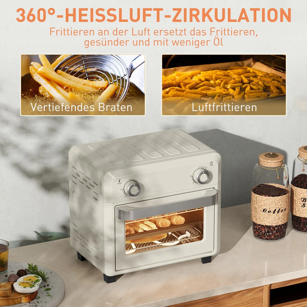 HOMCOM Mini trouba s konvekcí 10 l 2 v 1 Mini trouba s roštem, plechem na pečení a plechem na drobky, horkovzdušná fritéza 80 °C-230 °C, s dotykovým …