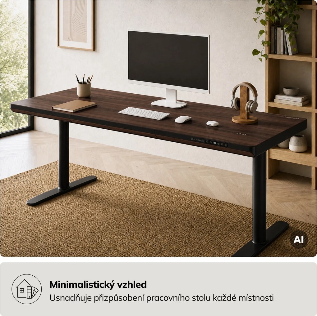 Elektrický psací stůl sit-stand se zásuvkou a bezdrátovou nabíječkou Qi černý/ořech, 1600 mm: ELLIS