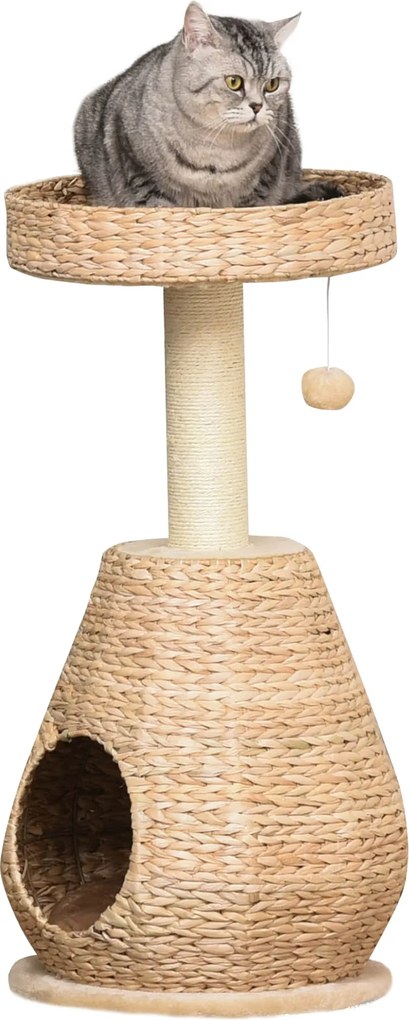 PawHut Kočičí strom s škrabadlem, nábytek pro koťata, s kočičí jeskyní, kuličkovým hračkem, sisal, měkký plush, výška 82,5 cm, žlutý | Aosom