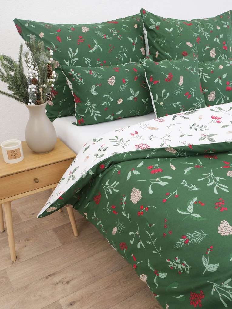 MK Lůžkoviny Vánoční prodloužené bavlněné povlečení Renforcé - Cesmínové větvičky 140 × 220 cm, 70 x 90 cm