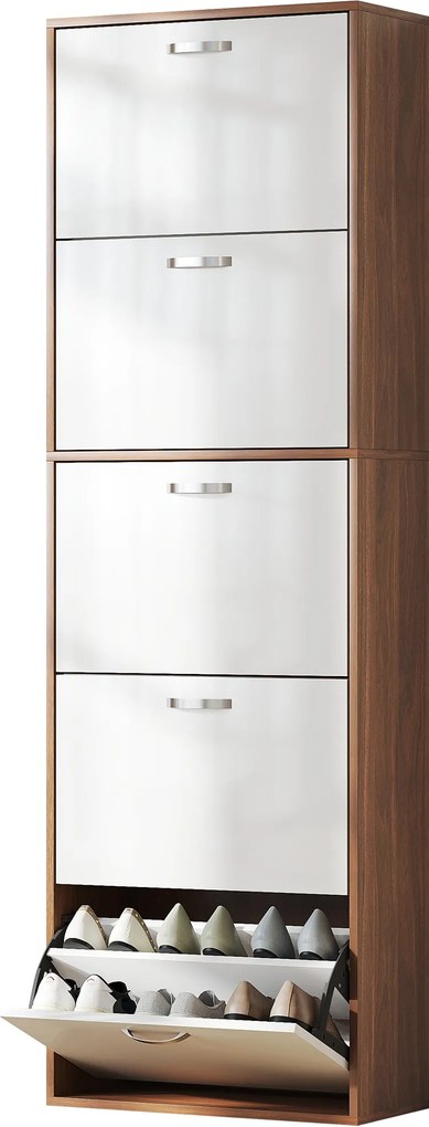 HOMCOM Úzký a úsporný obuvník na 5 pater pro maximálně 30 párů se 2 policemi na úroveň, MDF obuvník, 60x28x189 cm, bílá a hnědá