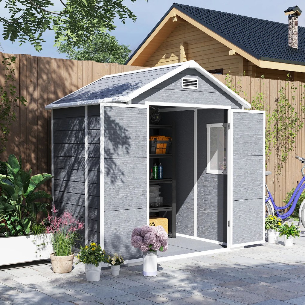 Outsunny zahradní nářaďový sklad 2,4m², voděodolný zahradní domek s pultovou střechou, 182x151x219/181 cm, nářaďový sklad s uzamykatelnými dveřmi, ok…