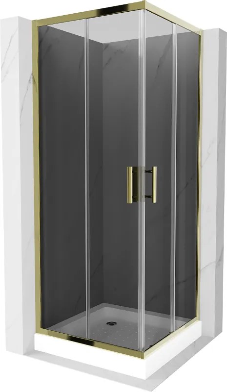 Mexen Rio, čtvercový sprchový kout s posuvnými dveřmi 80 (dveře) x 80 (dveře) x 190 cm, 5mm šedé sklo, zlatý profil + bílá sprchová vanička RIO, 860-080-080-50-40-4510