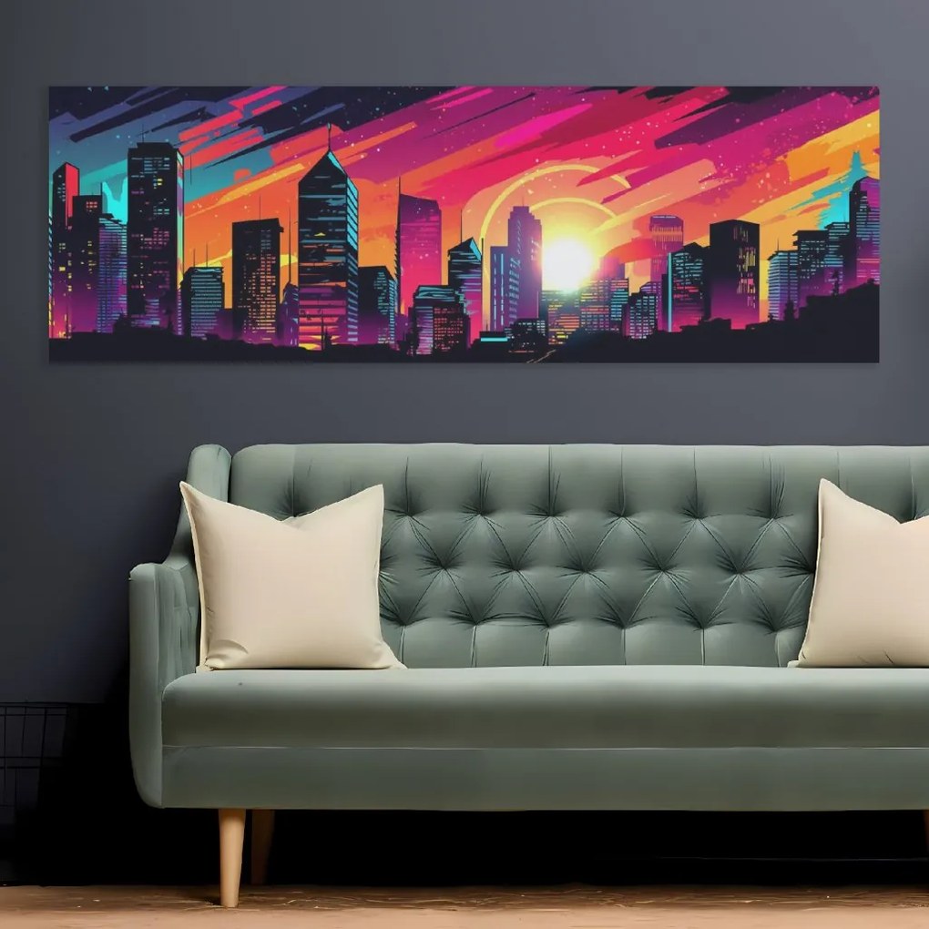 Obraz na plátně - Moderní město s mrakodrapy Pop Art FeelHappy.cz Velikost obrazu: 120 x 40 cm