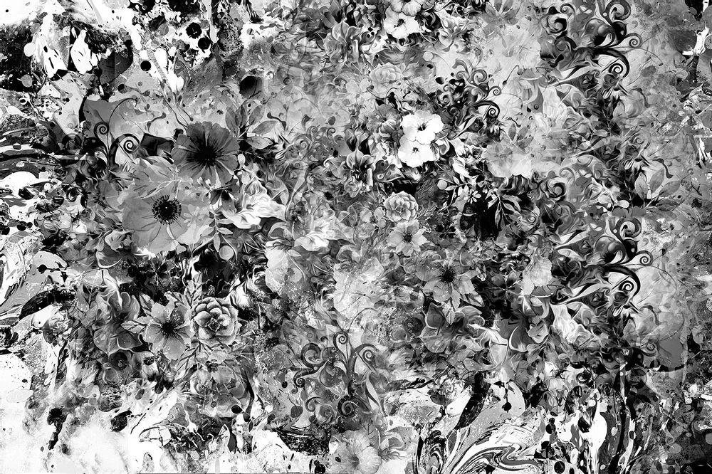 Samolepící tapeta květiny v černobílém provedení - 300x200 cm