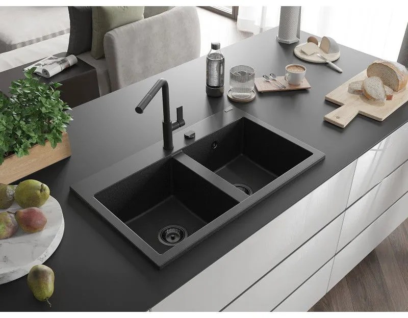 Mexen Hektor, 2-komorový granitový dřez 800x480x205 mm, černá-stříbrná metalíza, grafitový sifon, 6521802000-73-B