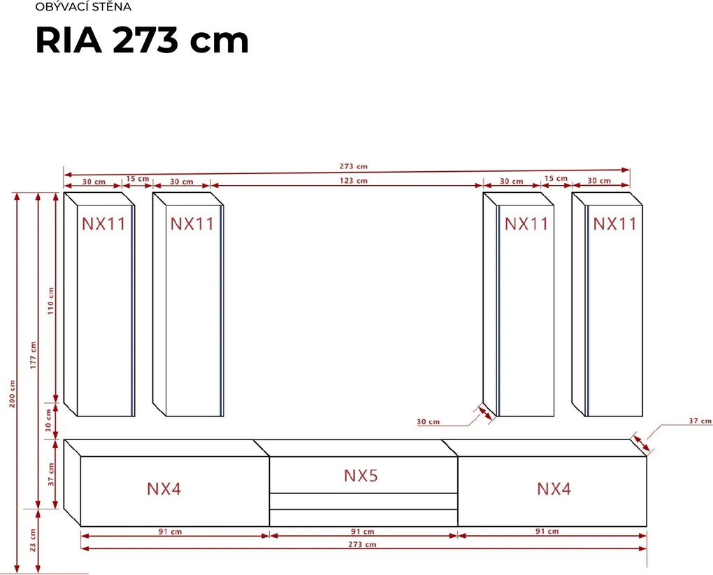 Ral Obývací stěna RIA 273 cm - Bílý lesk