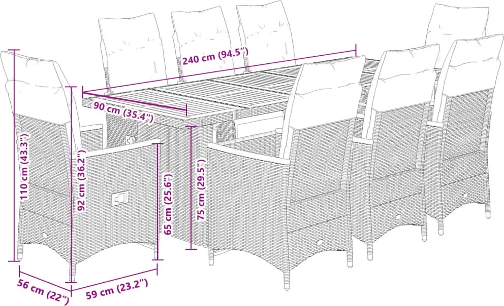 9dílný zahradní bistro set s poduškami šedý polyratan 3277269
