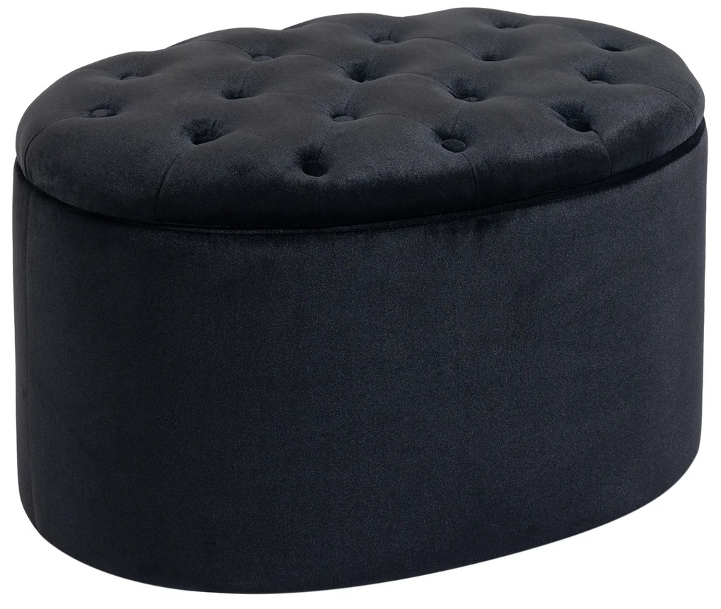 HOMCOM Lavice v černé barvě Moderní čalouněná lavice s úložným prostorem, sametový polyester, kaučukové dřevo, oválný tvar, 71x52x42cm