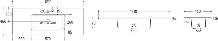 Comad Nábytkové keramické umyvadlo GO 120/DP-8095, 121x46 cm, bílá lesklá