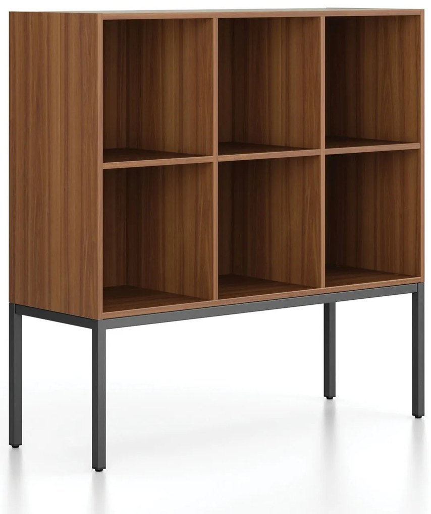 Regál FRAME, nízký, s černou podnoží, 1299 x 450 x 1331 mm, ořech