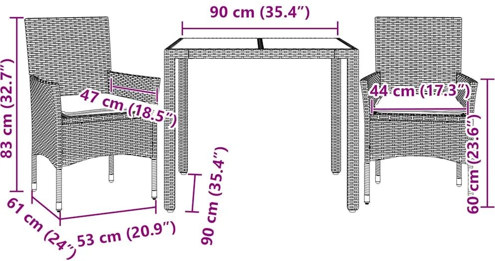 3dílný zahradní jídelní set podušky světle šedý polyratan sklo 3278573