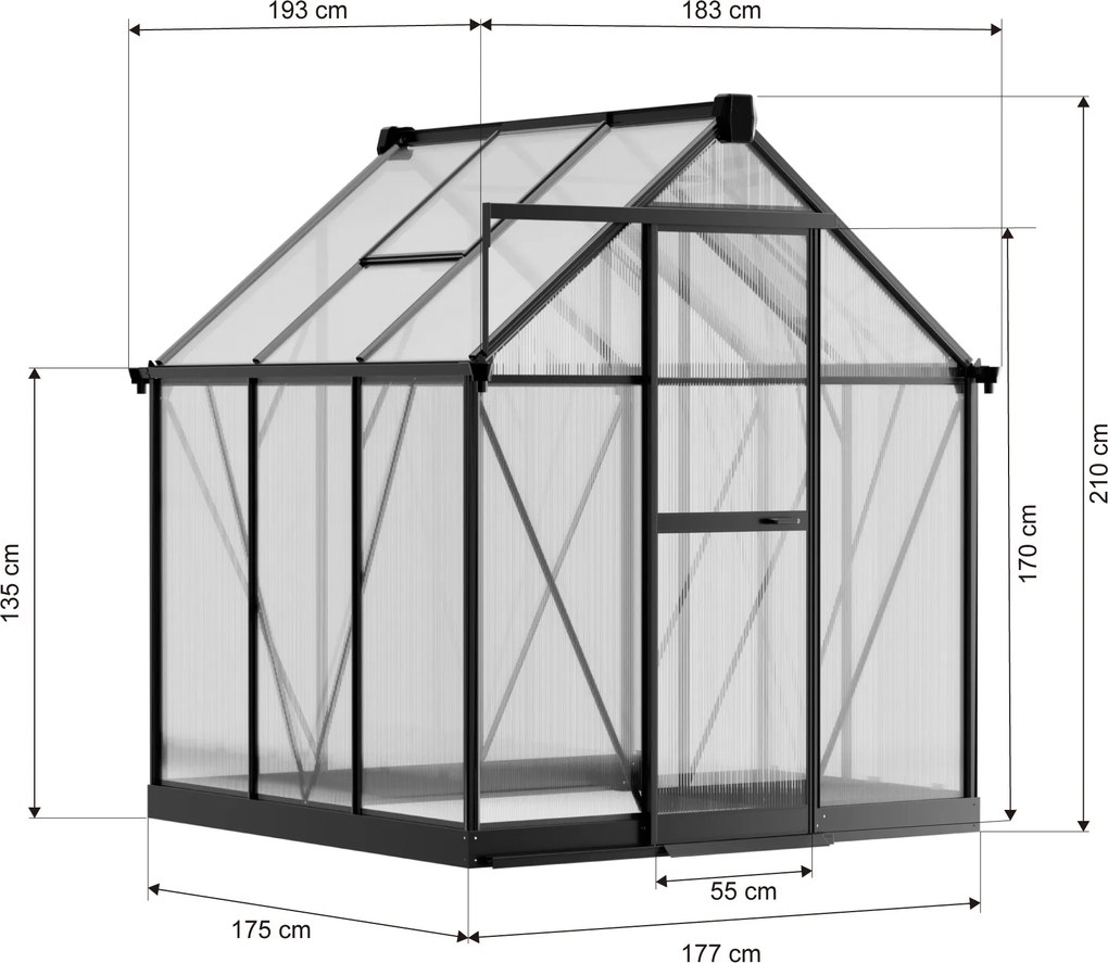 Skleník 210 x 183 x 193 cm, zesílená konstrukce, polykarbonát 6 mm