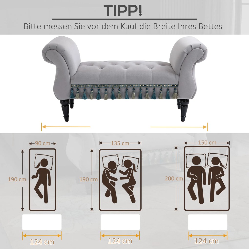 HOMCOM lavice elegantní čalouněná lavice postel taburet dřevěná lavice z polyesterové pěny šedá 117x40x58cm do obývacího pokoje a ložnice | Aosom.de