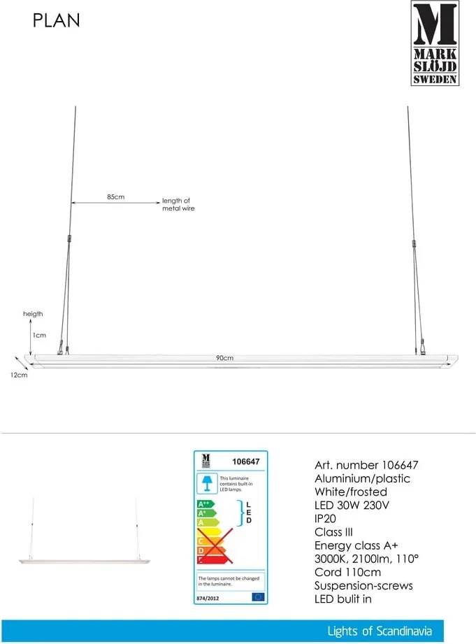 Bílé závěsné svítidlo Markslöjd Plan, délka 90 cm