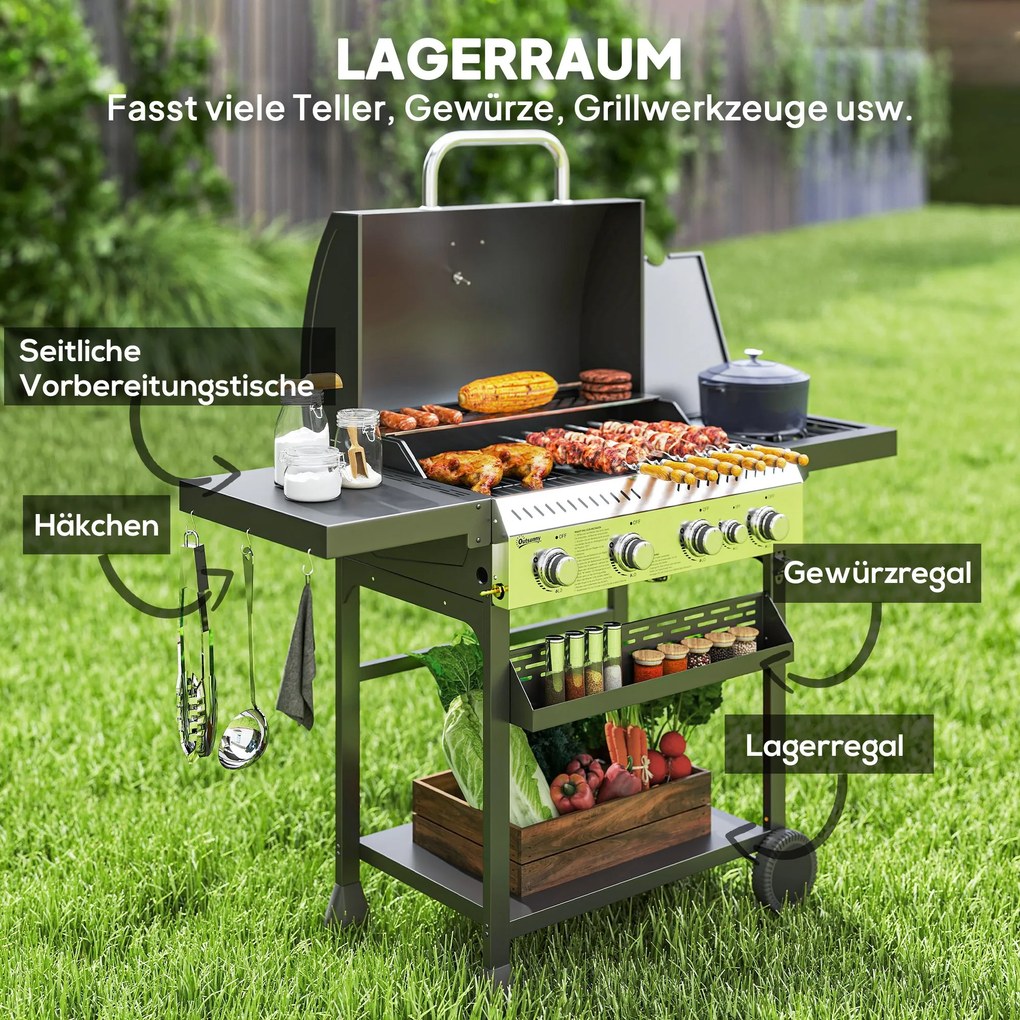 Outsunny Plynový gril, BBQ gril, 4 hlavní hořáky, 1 boční hořák, 1 udržovací plotna; 135 x 55 x 103 cm, černá