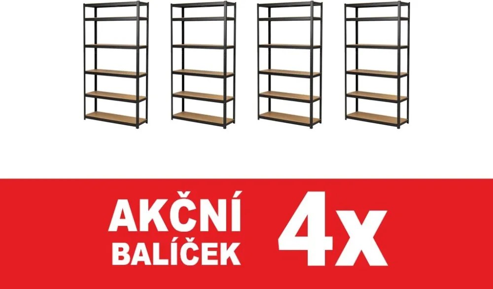 Akce 4x Regál 220x120x40 cm lakovaný 6-policový, nosnost 1050 kg - černý