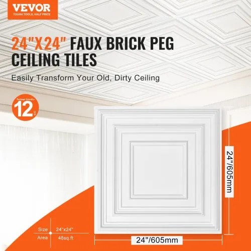 Stropní dlaždice 12-balení 24 × 24 V PVC Snadná instalace Bílý kolíkový vzor