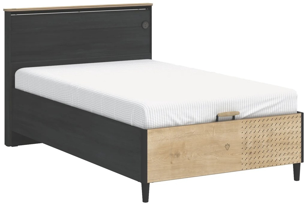 Studentská postel 120x200cm s úložným prostorem a USB Sirius - dub černý/dub zlatý