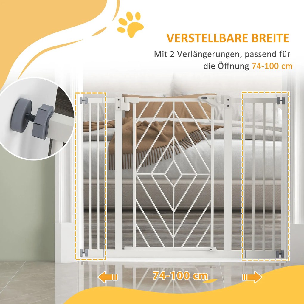 Schodišťová brána PawHut pro psy automatické dveře bez vrtání 74-100cm Bílá