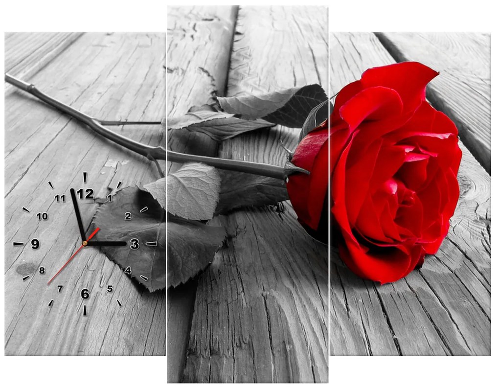 Gario Obraz s hodinami Červená růže - 3 dílný Rozměry: 80 x 40 cm