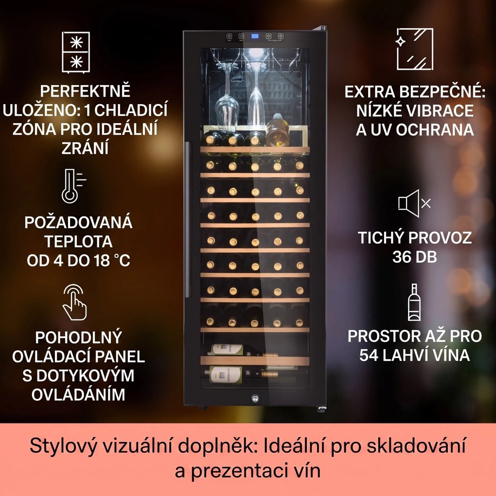 Klarstein Barossa 54S, vinotéka, 155 l/54 lahví, skleněné dveře, dotykové ovládání