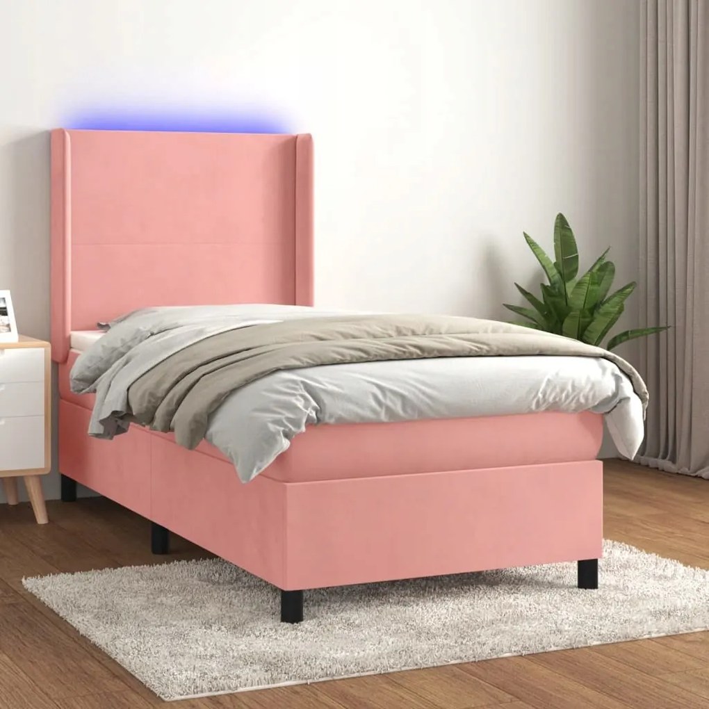 Box Spring Postel S Matrací A Led Samet Růžová Hladký design 90 x 200 cm