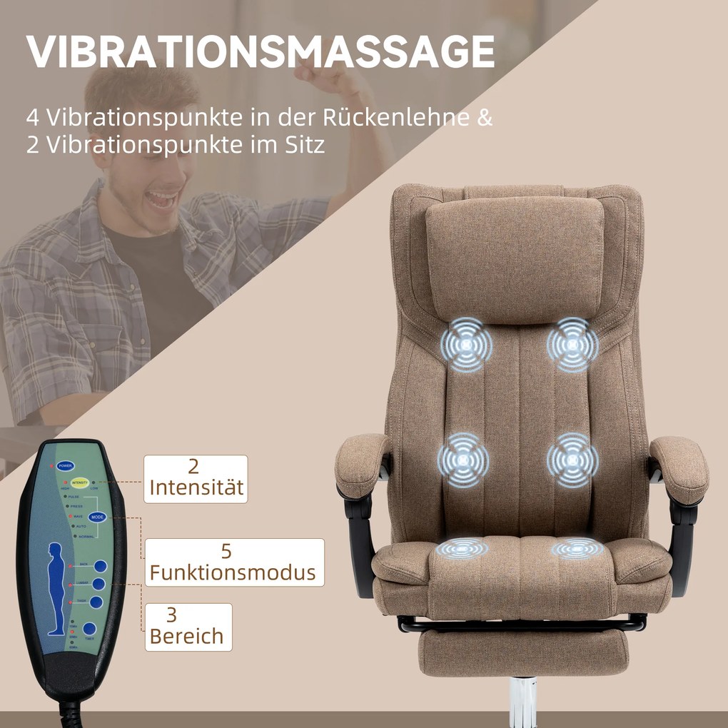 Vinsetto Masážní Křeslo s 6 Masážními body, Otočné Kancelářské Křeslo s Funkcí Polohování, Výškově Nastavitelné, S Dálkovým Ovládáním, Podnožkou a Op…