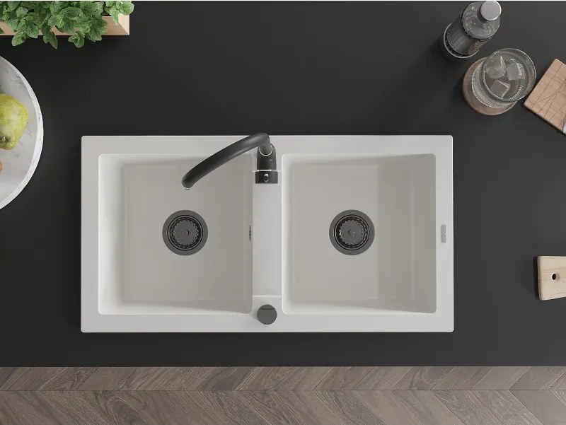 Mexen Mario, granitový dřez 820x436x161 mm, 2-komorový, bílá s černým sifonem, 6504822000-20-B