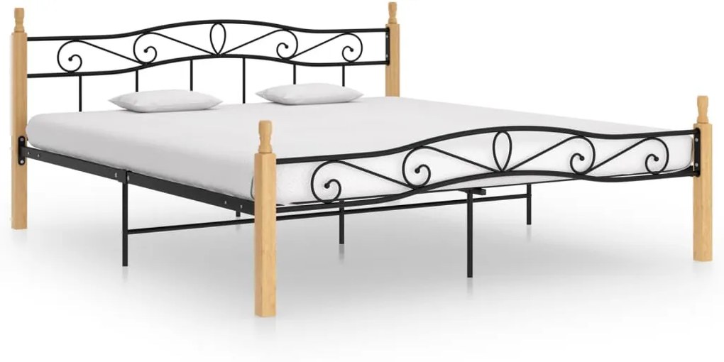Rám postele černý kov a masivní dubové dřevo 200 x 200 cm - Default Title