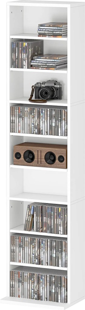 HOMCOM CD a DVD regál s 9 přihrádkami, úzký s nastavitelými policemi pro obývací pokoj a kancelář 33x24x140 cm Bílý