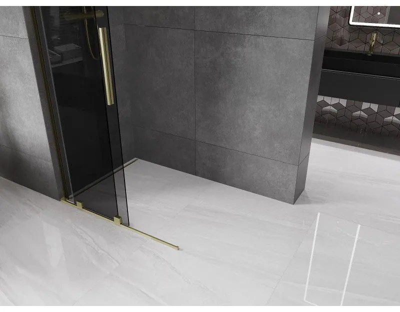 Mexen Velar L, posuvná sprchová zástěna Walk-in 120 x 200 cm, 8mm šedé sklo, zlatá matná, 871-120-003-43-55