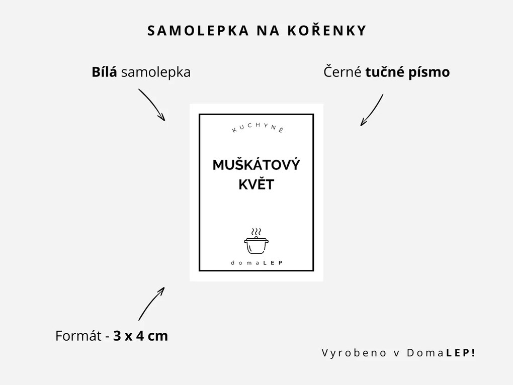 MUŠKÁTOVÝ KVĚT - Samolepka na kořenky 3 x 4 cm - DomaLEP varianta: PRŮHLEDNÁ - tučné písmo