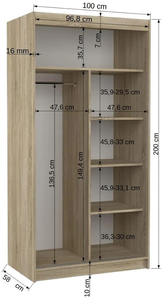 Šatní skříň s posuvnými dveřmi Bario - 100 cm Barva: Bílá/Dub