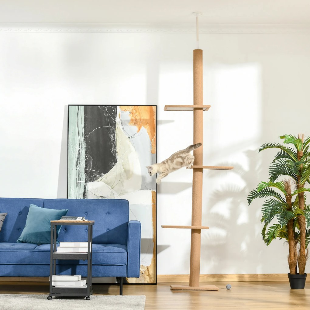 PawHut Výškově nastavitelné škrabadlo Šplhací strom pro kočky Strom na hraní Světle hnědý 43x27x228-260cm pro aktivní hraní a odpočinek