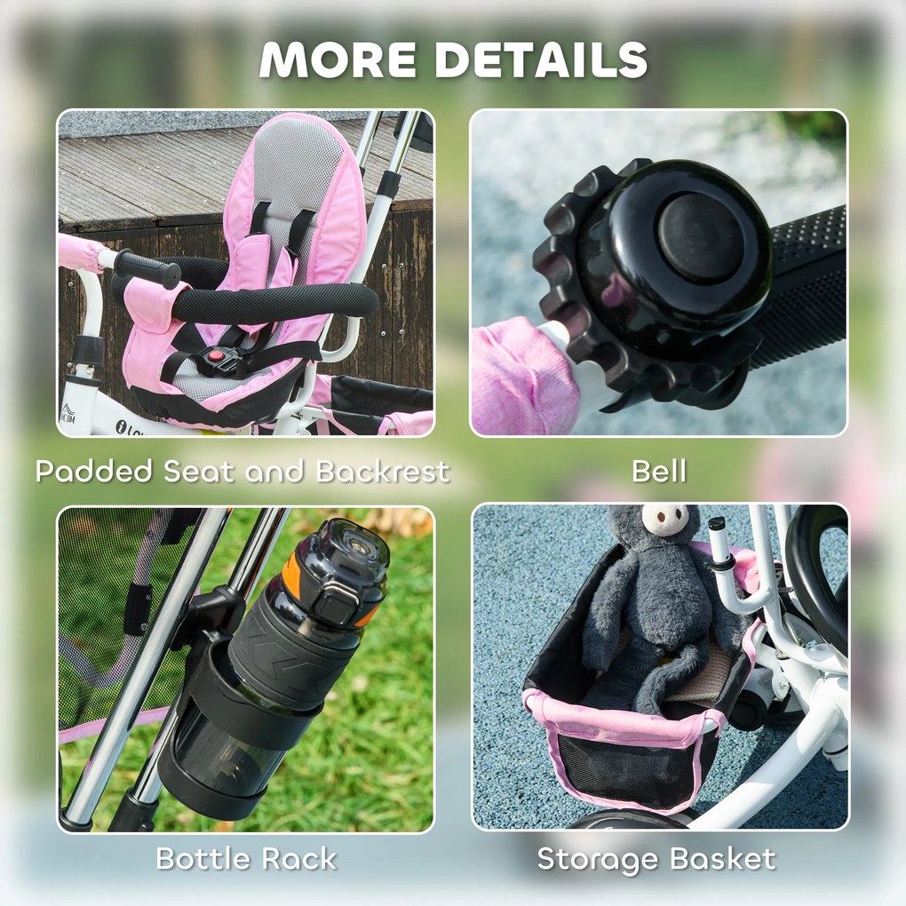 6-in-1 Kinderdreirad mit Schiebestange, Dach, Gurt, Ablagekorb, für 1-5 Jahre, Rosa