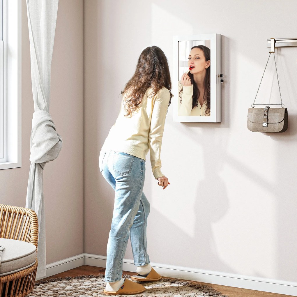 HOMCOM Zrcadlový šperkový kabinet na zeď, Šperková skříň s uzamčením, Zrcadlo v MDF pro ložnici a obývací pokoj, 36,5 x 9,5 x 67 cm, Bílá