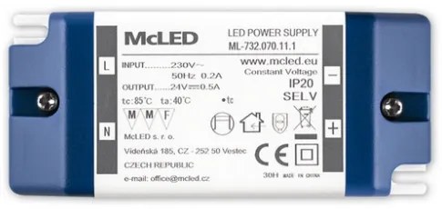 Nábytkový LED napájecí zdroj McLED 24VDC 12W 0,5A ML-732.070.11.1
