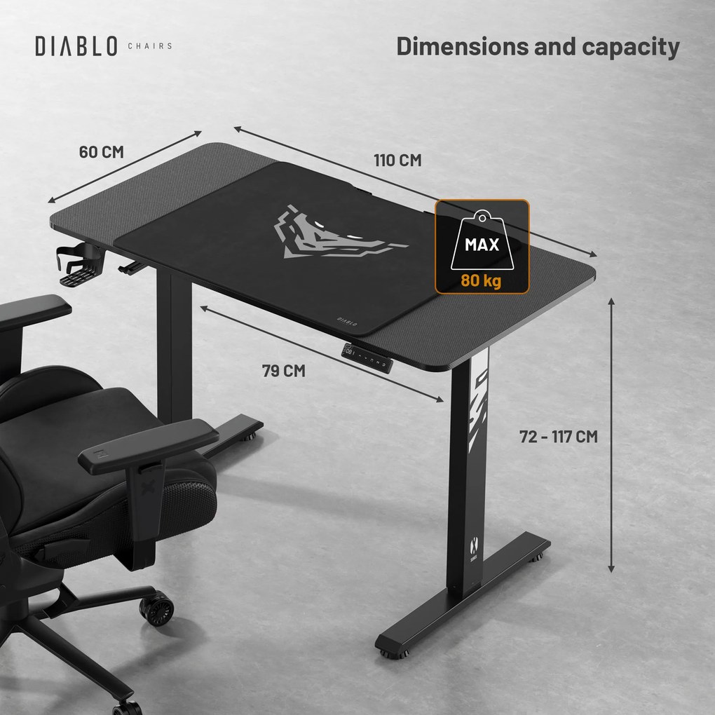 Elektricky výškově nastavitelný stůl 110 cm černý: Diablo X-Tensio 1100