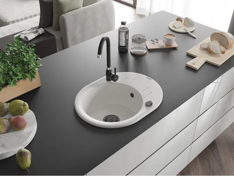Mexen Kevin, granitový dřez 586x458x190 mm, 1-komorový, bílá s černým sifonem, 6517581005-20-B