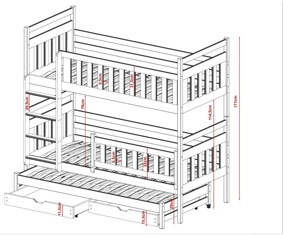 Legno Dětská patrová postel Katka šedá Rozměr (cm): 90x200