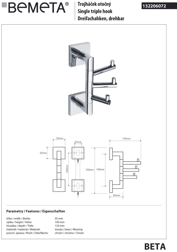 Bemeta Design BETA: Věšák, se 3 háčky, otočný -