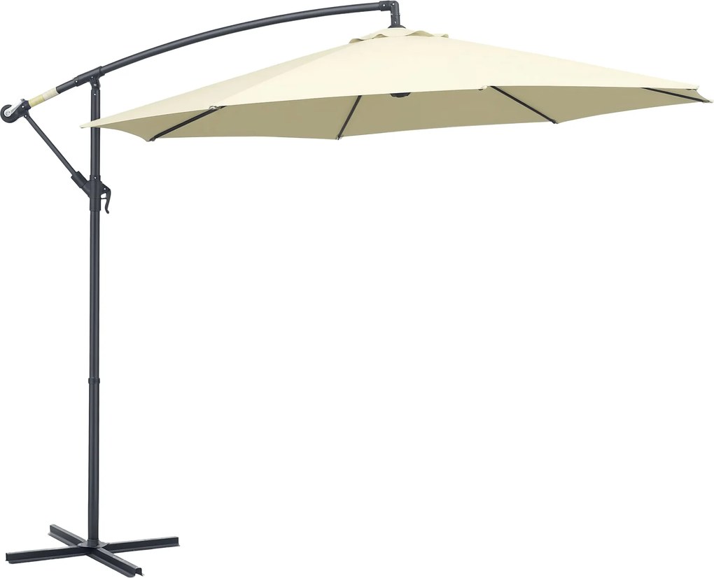 Slunečník Outsunny Ø300x250 cm s bočním polím a křížovou základnou, nakloněný s kličkou a 8 kovovými tyčemi pro venkovní terasu a balkon béžová | Aoso