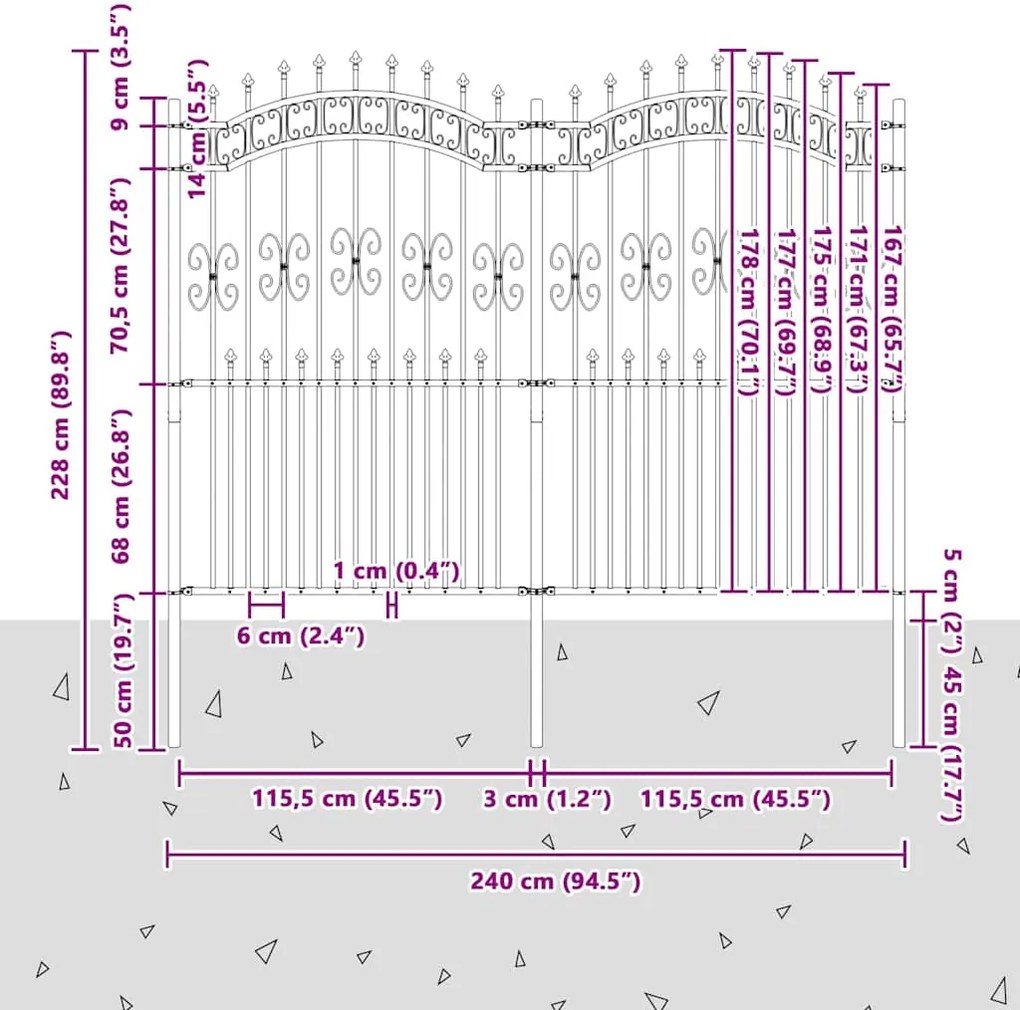 Zahradní plot KAMPEN s kopím nahoře černý 240 x 175 cm ocelový 151088