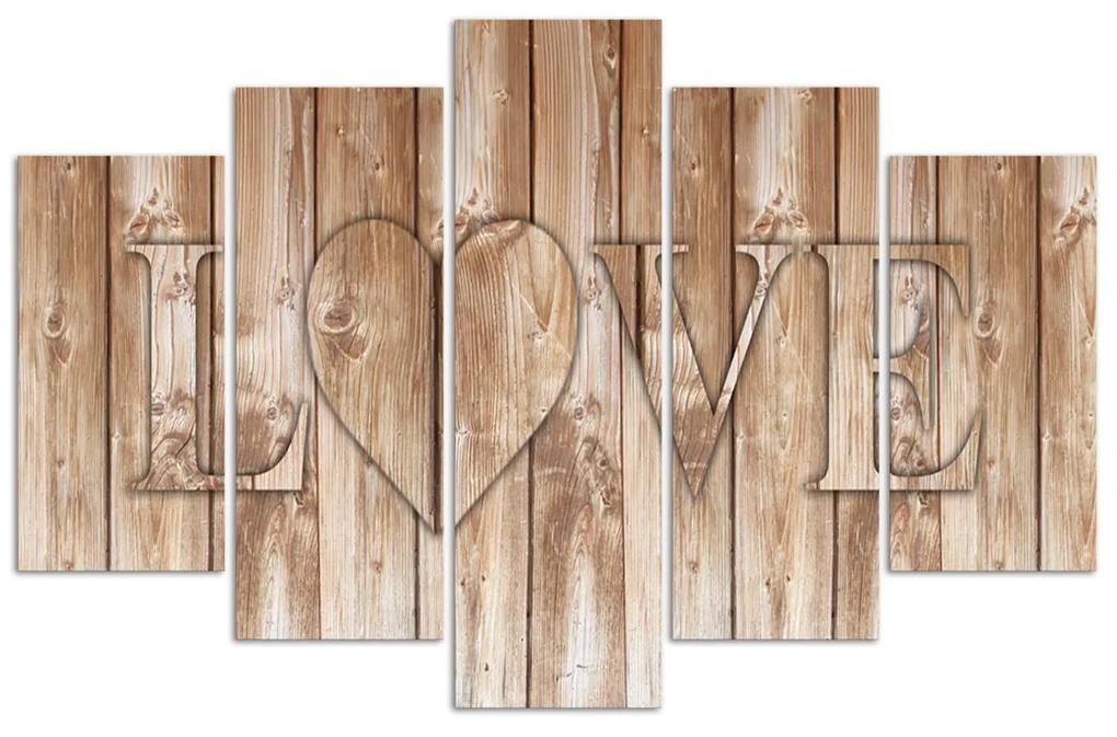 Gario Obraz na plátně Nápis Love na hnědých deskách - 5 dílný Rozměry: 100 x 70 cm