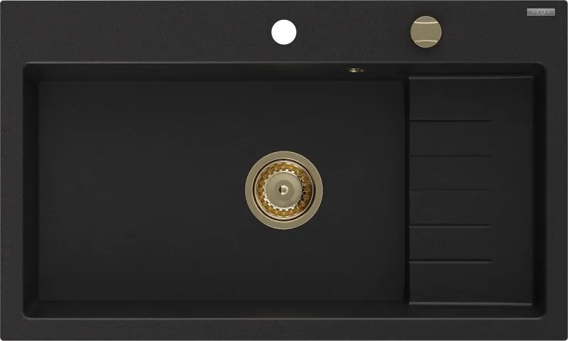 Mexen Omar, 1-komorový granitový dřez 800x480x210 mm, černá, zlatý sifon, 6520801005-77-G